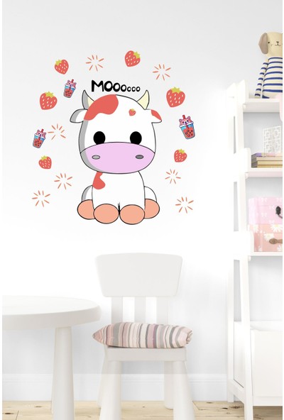 Msticker Sevimli Inek ve Çilekler Çocuk Bebek Odası Sticker