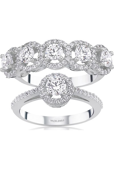 Valori Jewels Taşlı Montür, 4 Karat Swarovski Zirkon Taşlı, Gümüş Tektaş Beştaş Yüzük Kombini