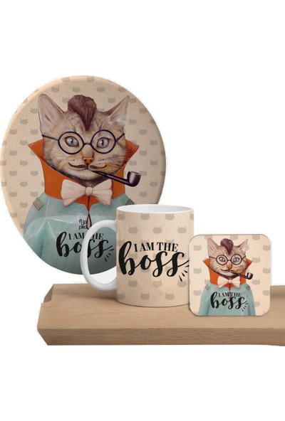 Flipped Boss Cat Kupa, Mousepad ve Bardak Altlıklı Hediye Seti
