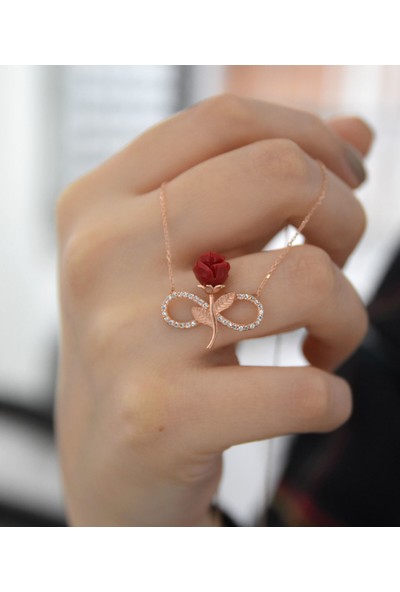 Papatya Silver 925 Ayar Gümüş Sonsuzluk Kırmızı Gül Kolye