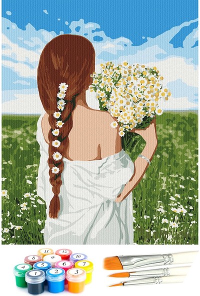 Carpuz Sayılarla Boyama Tablo Seti Papatya Kadın Kasnaklı 40 x 50 cm