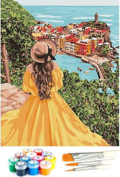 Carpuz Sayılarla Boyama Tablo Seti Sarı Kadın Kasnaklı 40 x 50 cm