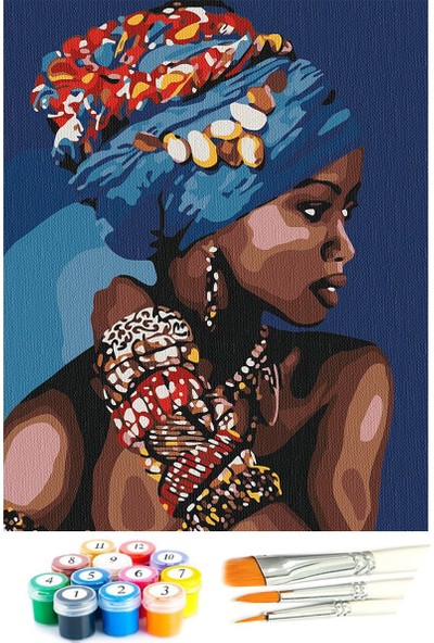 Carpuz Sayılarla Boyama Tablo Seti Afrikalı Kadın Kasnaklı 40 x 50 cm