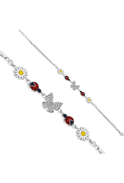 Byeler Kelebek Uğur Böceği ve Papatyalı 925 Ayar Gümüş Bileklik Byeler Kelebek Uğur Böceği ve Papatyalı 925 Ayar Gümüş Bileklik