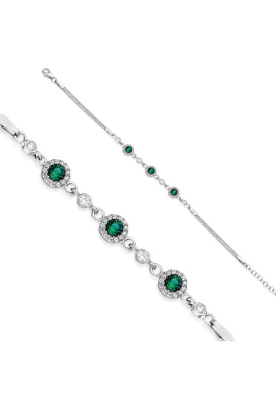 Byeler Yuvarlak Zümrüt Taşlı Sıralı 925 Ayar Gümüş Bileklik