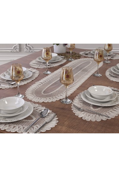 Tropik Home Tropikhome Amerikan Servis Supla ve Runner Seti 6 Kişilik Set Vivien Beyaz 7 Parça