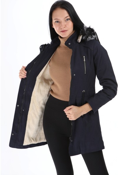 Kmk Kadın Içi Yünlü Kapsonyu Kürklü Kanvars Keten Mont & Kaban