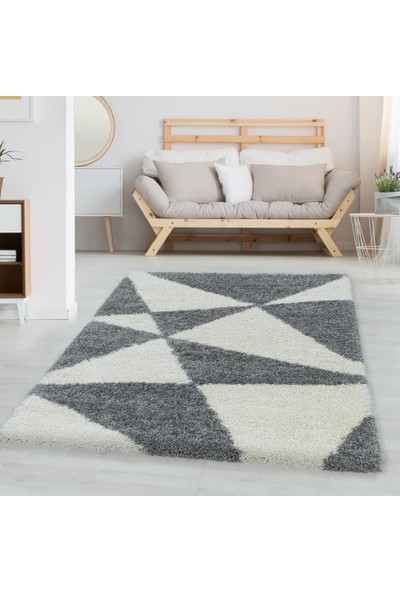 Ayyıldız Halı Desenli Shaggy Halı Yumuşak Geometrik Üçgen Desenli Gri Krem