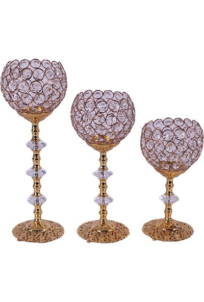 Asfar Avm 3'lü Taşlı Kristal Gold Şamdan Seti Metal