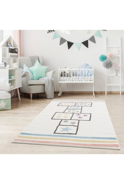 Ponciko Özel Tasarım Çizgili Seksek Bebek ve Çocuk Odası Halısı