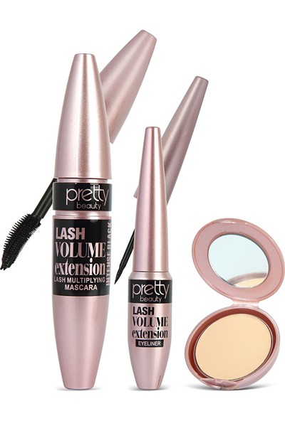Pretty Beauty Lash Volume Extension Maskara + Eyeliner + Pudra 3'lü Set Pretty Beauty Lash Volume Extension Maskara + Eyeliner + Pudra 3'lü Set