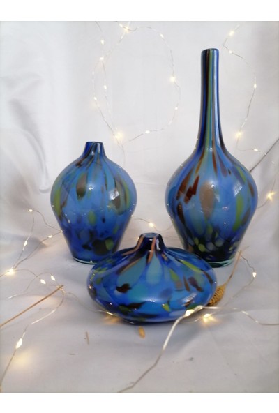 Zehas Home Üfleme Cam El Yapımı Mavi 3'lü Vazo