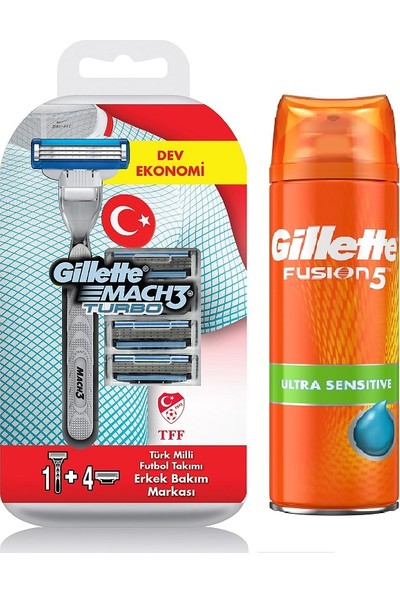 Gillette Mach3 Turbo Milli Takım Özel Tıraş Makinesi + 5 Yedek Başlık+ Tıraş Jeli 75 ml Gillette Mach3 Turbo Milli Takım Özel Tıraş Makinesi + 5 Yedek Başlık+ Tıraş Jeli 75 ml