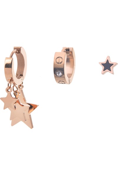 Modamugo Çelik Üçlü Küpe Üç Yıldızlı Rondela Halka - Rose