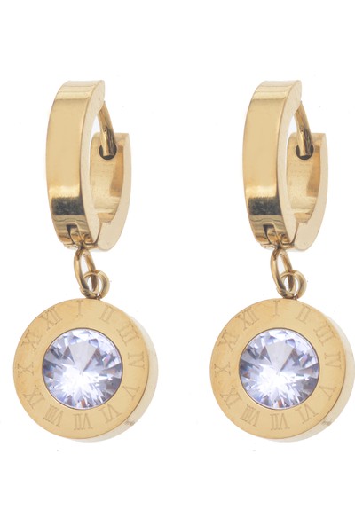 Modamugo Çelik Üçlü Küpe Zirkon Taşlı Roma Rakamlı Rondela - Gold Modamugo Çelik Üçlü Küpe Zirkon Taşlı Roma Rakamlı Rondela - Gold