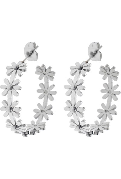 Modamugo Çelik Halka Küpe Papatya Çiçekli Halka - Rodyum