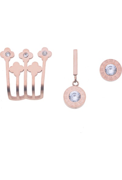 Modamugo Çelik Üçlü Yoncalı Roma Rakamlı Rondela Zirkon Taşlı Küpe - Rose Modamugo Çelik Üçlü Yoncalı Roma Rakamlı Rondela Zirkon Taşlı Küpe - Rose
