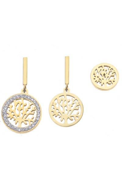 Modamugo Çelik Üçlü Zirkon Taşlı Hayat Ağacı Küpe - Gold Modamugo Çelik Üçlü Zirkon Taşlı Hayat Ağacı Küpe - Gold