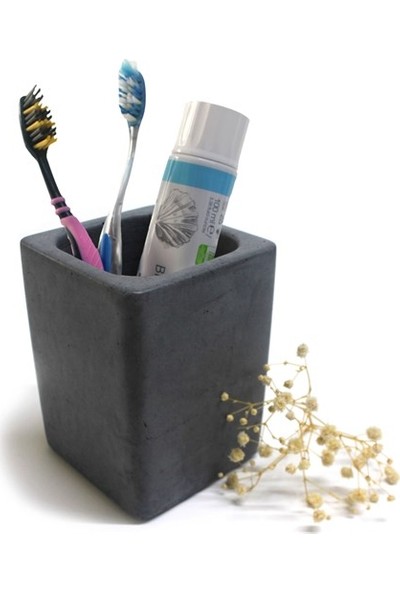 Magazacım Kare, Koyu Gri, Beton Diş Fırçalığı, Dekoratif Diş Fırçası Kabı, Diş Fırçası Standı