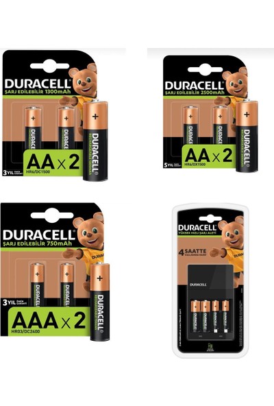 Duracell Cef 14 Şarj Cihazı Şarj Edilebilir 2 adet 2500 mAh AA 4 adet 1300 mAh AA ve 4 adet 750 mAh AAA Pil Paketi Duracell Cef 14 Şarj Cihazı Şarj Edilebilir 2 adet 2500 mAh AA 4 adet 1300 mAh AA ve 4 adet 750 mAh AAA Pil Paketi