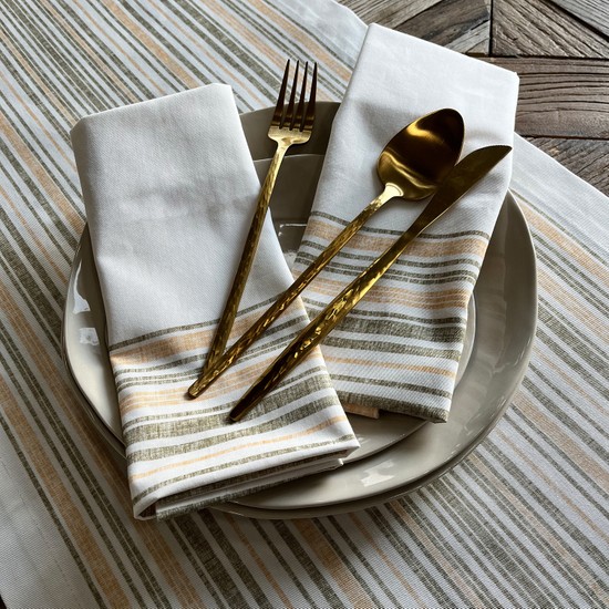 Sertex Home Yeşil Sarı Çizgi Desenli Beyaz 6'lı Kumaş Peçete Fiyatı