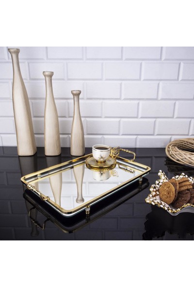 Dikdörtgen Aynalı Tepsi Büyük Boy Gold Renk