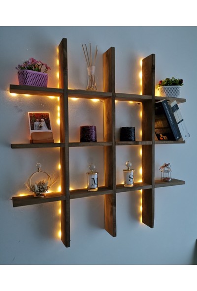 MAS Ahşap Led Işıklı Dekoratif Çoklu Duvar Rafı Kitaplık