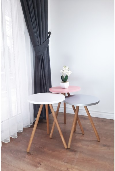 İntergo Renkli 3'lü Zigon Sehpa Ahşap Ayaklı Yuvarlak Pastel Tasarım - Pembe Beyaz Gri İntergo Renkli 3'lü Zigon Sehpa Ahşap Ayaklı Yuvarlak Pastel Tasarım - Pembe Beyaz Gri