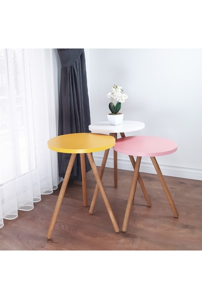 İntergo Renkli 3'lü Zigon Sehpa Ahşap Ayaklı Yuvarlak Pastel Tasarım - Pembe Beyaz Sarı İntergo Renkli 3'lü Zigon Sehpa Ahşap Ayaklı Yuvarlak Pastel Tasarım - Pembe Beyaz Sarı