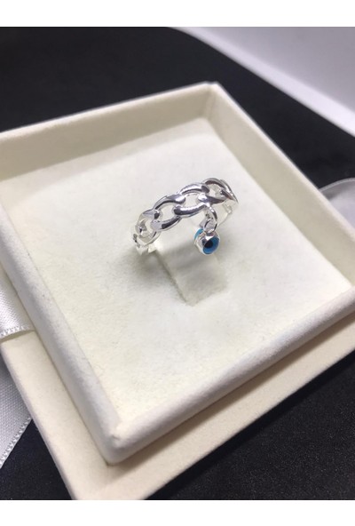 Gülüş Gümüş Zincir Desenli Nazar Boncuklu Ayarlanabilir Yüzük