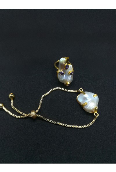 Lupi Tasarım Sakız İnci Gold Bileklik ve Yüzük Seti