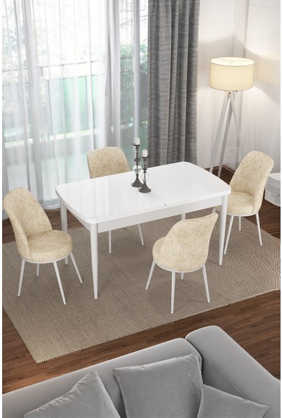 Canisa Concept Via Serisi Açılabilir Beyaz Renk Mutfak Masası Takımı, Yemek Masası+4 Adet Sandalye