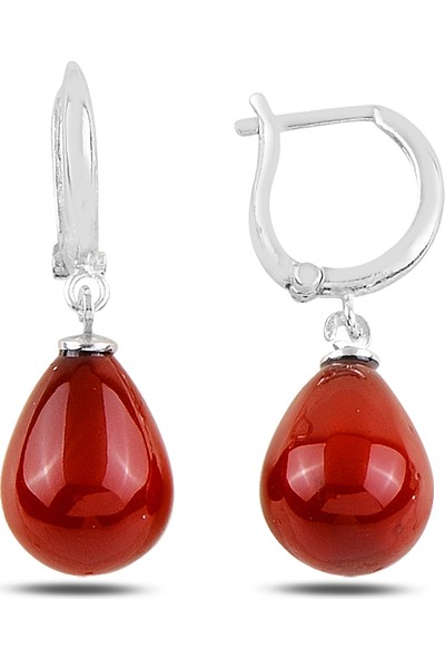 Mercan Silver Gümüş Damla Kırmızı İnci Küpe