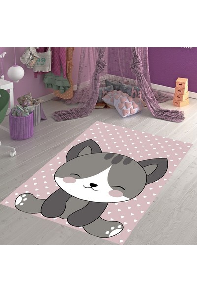 On the clouds Kedi Desenli Dijital Baskı Yıkanabilir Kaymaz Taban Çocuk Odası Halısı