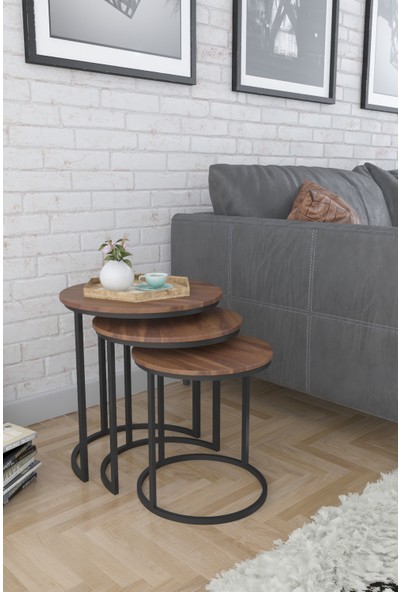 Evdemo Deniz Membran Kaplama 3 Lü Zigon Sehpa Siyah Ceviz