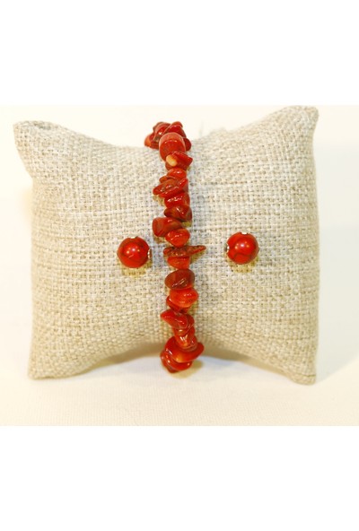 Sağlar El Sanatları Doğal Taş Mercan Taşı Bileklik ve Küpe Seti