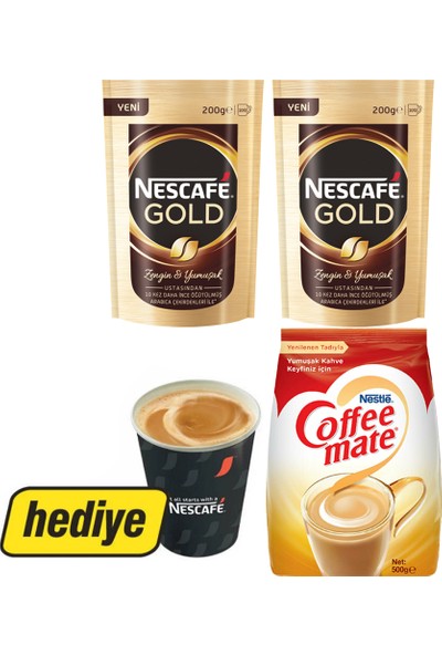 Nescafe Gold Hazır Kahve 200 gr x 2 Adet + Coffee Mate 500 gr + 7 Oz Karton Bardak 100'LÜ Nescafe Gold Hazır Kahve 200 gr x 2 Adet + Coffee Mate 500 gr + 7 Oz Karton Bardak 100'LÜ