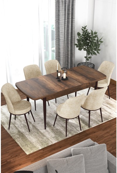 Canisa Concept Via Serisi Açılabilir Barok Ahşap Desenli Mutfak Masası Takımı, Yemek Masası+6 Adet Sandalye