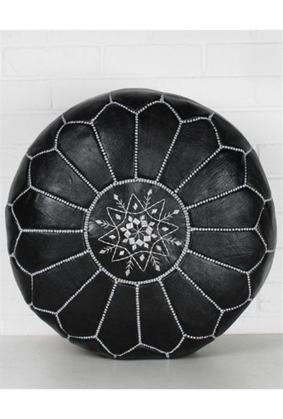 Marakeş Pazarı Siyah Deri El Yapımı Puf