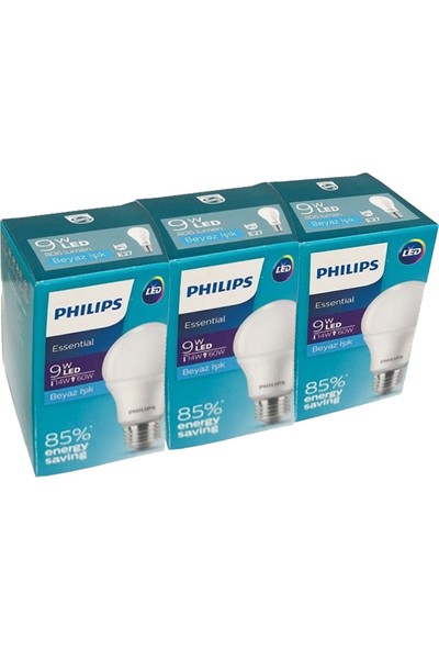 Philips Essential 9W-60W Beyaz Işık E-27 Normal Duy 3'lü Paket LED Ampul Philips Essential 9W-60W Beyaz Işık E-27 Normal Duy 3'lü Paket LED Ampul