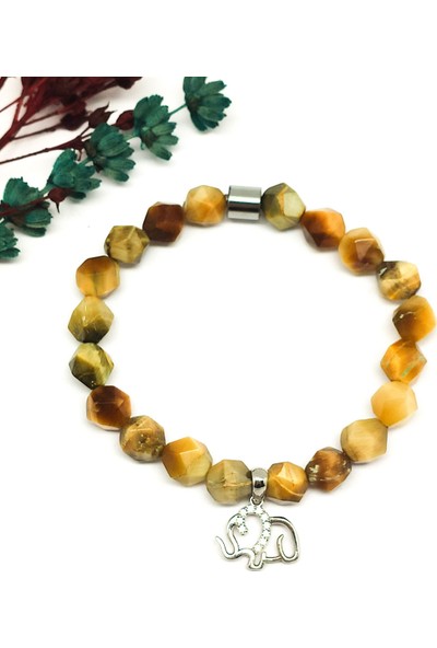 Magnamina Kaplan Gözü Doğal Taşlı Fil Figürlü Gümüş Bileklik