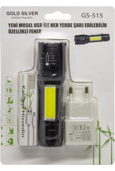 Gold Silver GS-515 USB ile Şarj Edilebilir Fener GS-515 Gold Silver GS-515 USB ile Şarj Edilebilir Fener GS-515