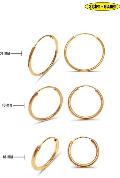 Midyat Nurtaş Gümüş 3'lü Halka Rose Kaplama Kadın Gümüş Küpe 21/18/16 mm