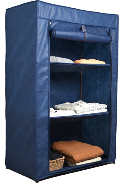 Tedarikcenter 3 Gözlü Gardırop Çok Amaçlı Borulu Bez Elbise Dolabı - Lacivert