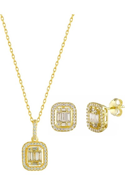 Afrodit Silver Baget Taşlı Sarı Kolye Küpe Gümüş Set