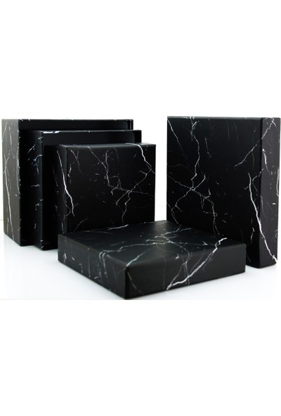 CoverZone Hediye Kutusu Kare Siyah Mermer Tasarımlı 3'lü Set Kutu