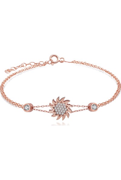 Swarovski Taşlı 925 Ayar Gümüş Güneş Temalı Rose Kaplama Kadın Bileklik