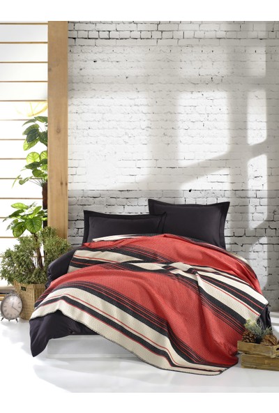 Eponj Home Battaniye Çift Kişilik Çizgili Kırmızı