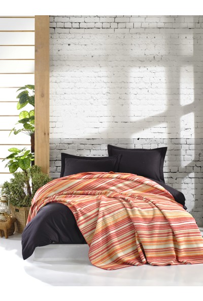 Eponj Home Battaniye Çift Kişilik Çizgili Kiremit-Turuncu