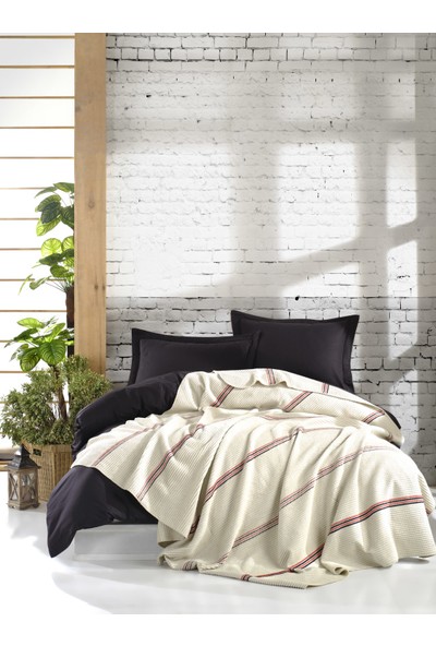 Eponj Home Battaniye Çift Kişilik Çizgili Krem